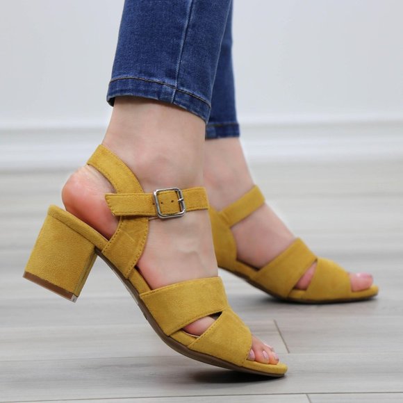 Shoes | Mustard Yellow Faux Suede Block Heel Sandals | Poshmark